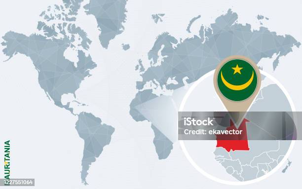 Abstract Blue World Map With Magnified Mauritania Stock Illustration