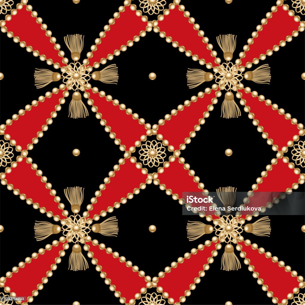 Gold Metal Shine Chains With Tassels Seamless Pattern Abstract Design