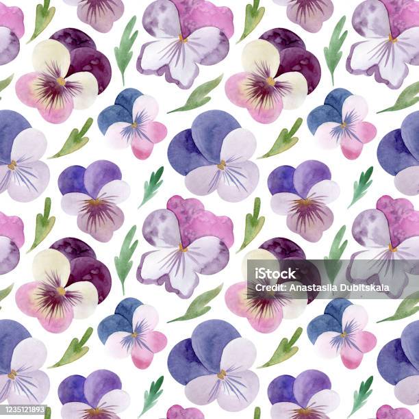 白い背景に紫色の水彩画パンジーの花と緑の葉のシームレスなパターン パンジーのベクターアート素材や画像を多数ご用意 パンジー 連続文様