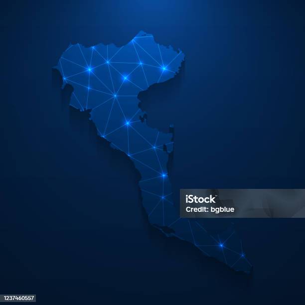 Corfu Map Network Bright Mesh On Dark Blue Background Stock