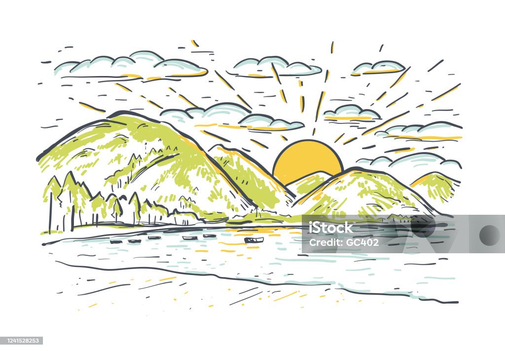 Ilustrasi Sketsa Vektor Lanskap Dengan Pegunungan Danau Perahu Dan ... Ilustrasi Sketsa Vektor Lanskap Dengan Pegunungan Danau Perahu Dan ...