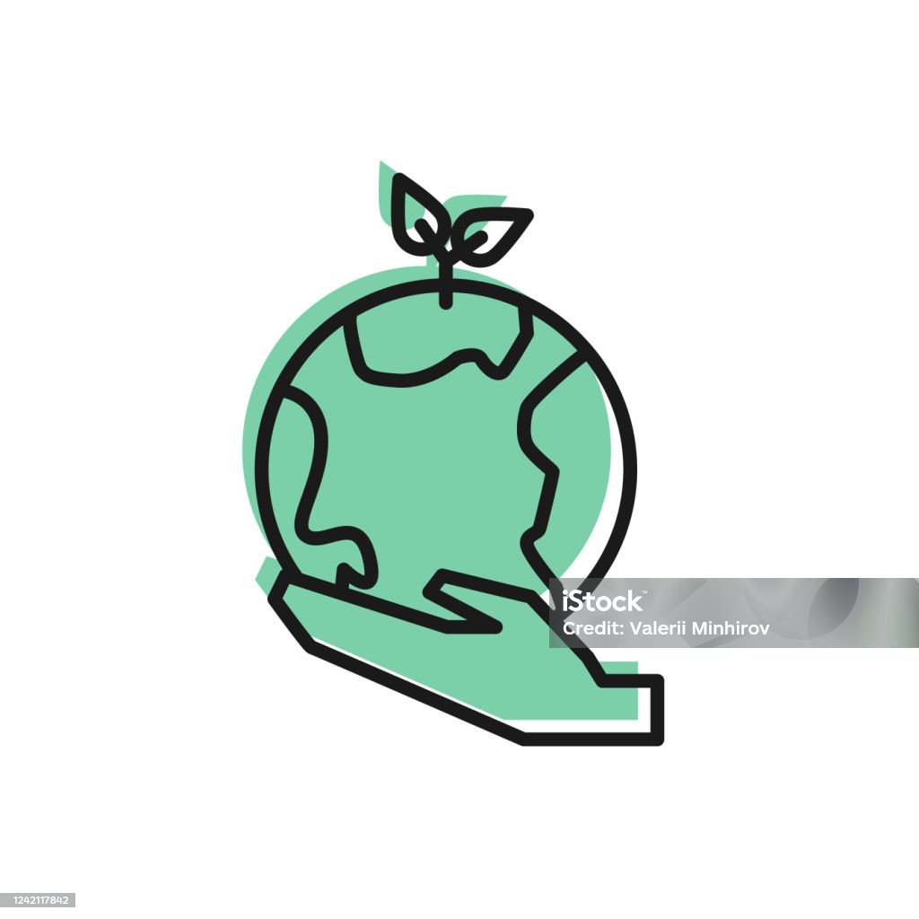 Black Line Human Hands Holding Earth Globe Icon Isolated On White