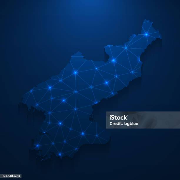 North Korea Map Network Bright Mesh On Dark Blue Background Stock