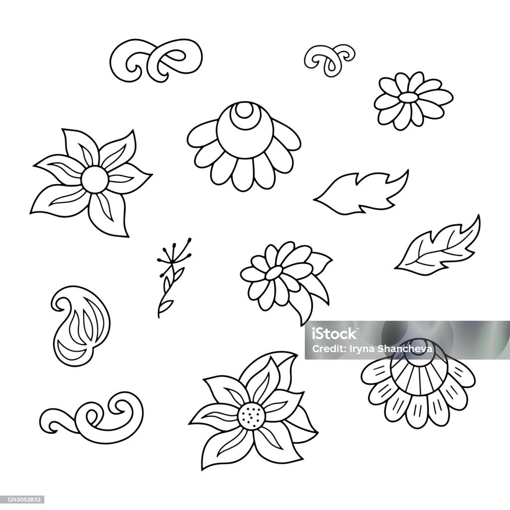 Doodle Mewarnai Bunga Antistress Dengan Daun Dan Gelombang Berputar