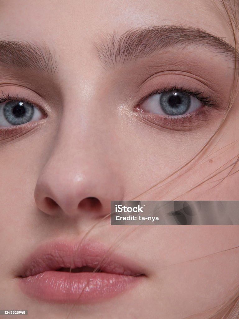 Dreamlike Woman Face Natural Beauty With Blue Eyes Perfect Skin Fashion