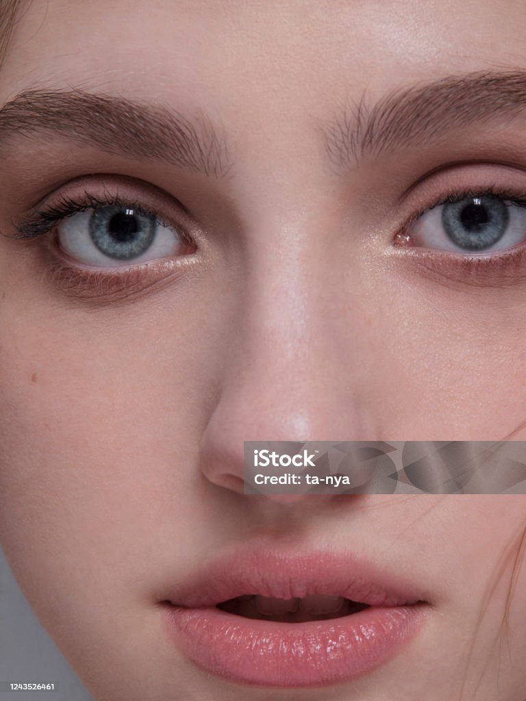 Dreamlike Woman Face Natural Beauty With Blue Eyes Perfect Skin Fashion