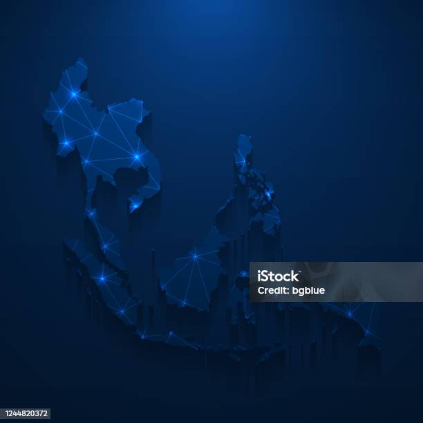 Southeast Asia Map Network Bright Mesh On Dark Blue Background Stock