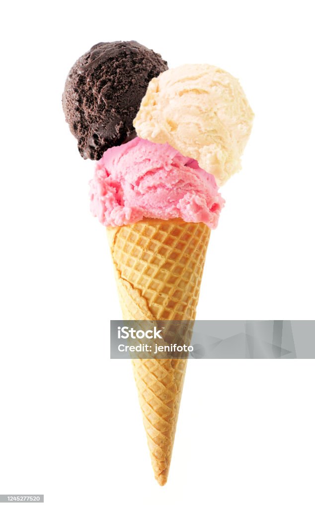 Triple Scoop Ice Cream Cone Isolated On White With Chocolate Vanilla