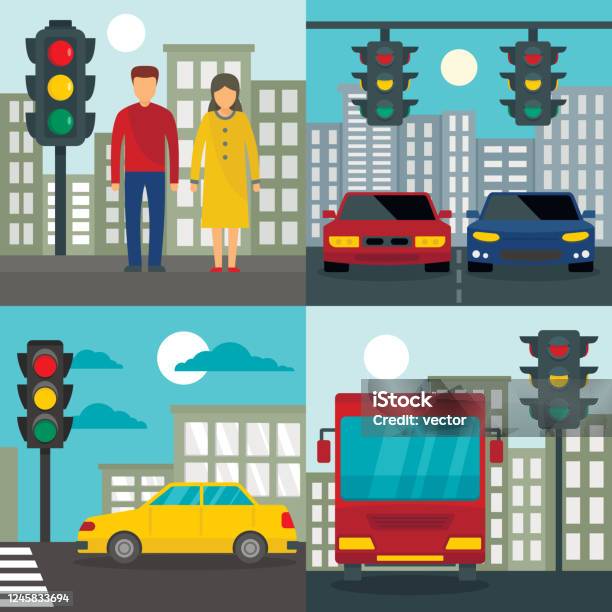 Lampu Lalu Lintas Set Spanduk Semaphore Gaya Datar Ilustrasi Stok