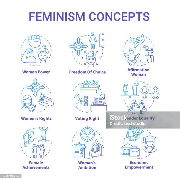 Feminism Blue Concept Icons Set Discrimination Gender Equality Woman