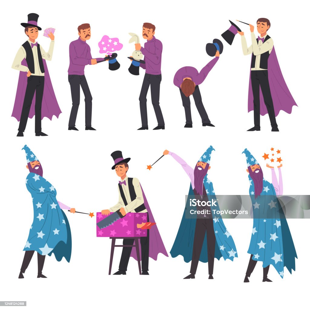Magicians Doing Tricks Set Illusionist And Wizard Characters Performing ... Magicians Doing Tricks Set Illusionist And Wizard Characters Performing ...