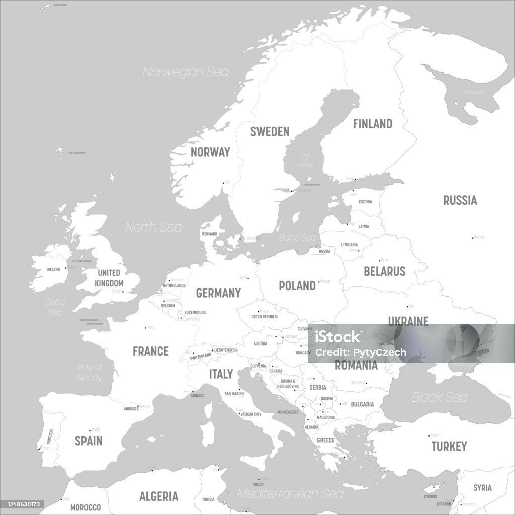 Europa Karta Vita Länder Och Grått Vatten Hög Detaljerad Politisk Karta
