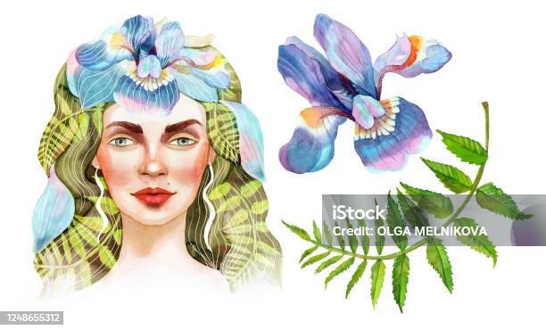 Bunga Iris Dan Cabang Potret Nimfa Hutan Jiwa Bunga Iris Set Ilustrasi
