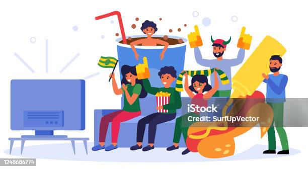Penggemar Sepak Bola Menonton Pertandingan Di Tv Ilustrasi Stok Unduh