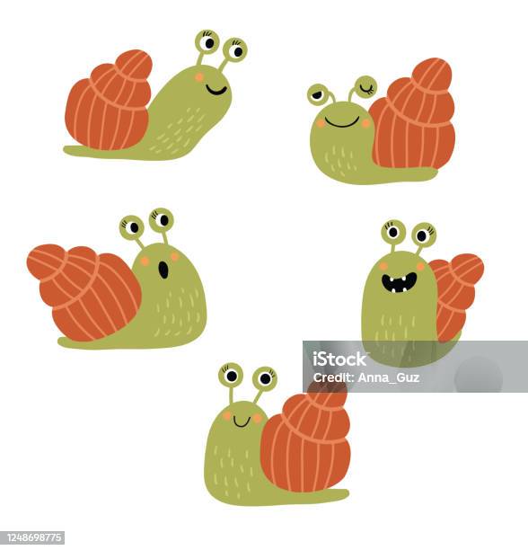 Siput Lucu Dan Lucu Dalam Pose Yang Berbeda Dalam Vektor Ilustrasi Stok