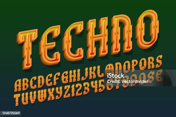 Huruf Techno Dengan Angka Dan Tanda Mata Uang Font 3d Oranye Perkotaan