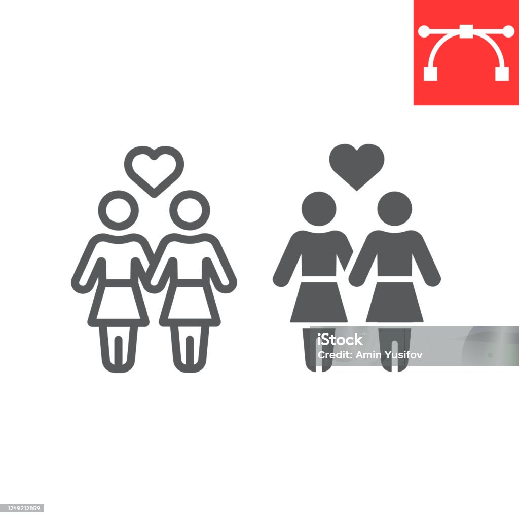 Lesbian Couple Line And Glyph Icon Lgbt And Heart Female Couple Sign