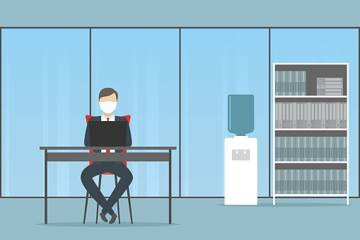 Pria Bertopeng Medis Bekerja Di Laptop Di Kantor Ilustrasi Vektor ... Pria Bertopeng Medis Bekerja Di Laptop Di Kantor Ilustrasi Vektor ...