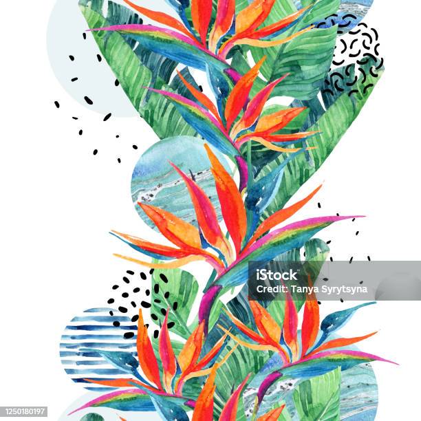 Formes Géométriques Avec Fleurs Daquarelle Feuilles De Palmier Marbre