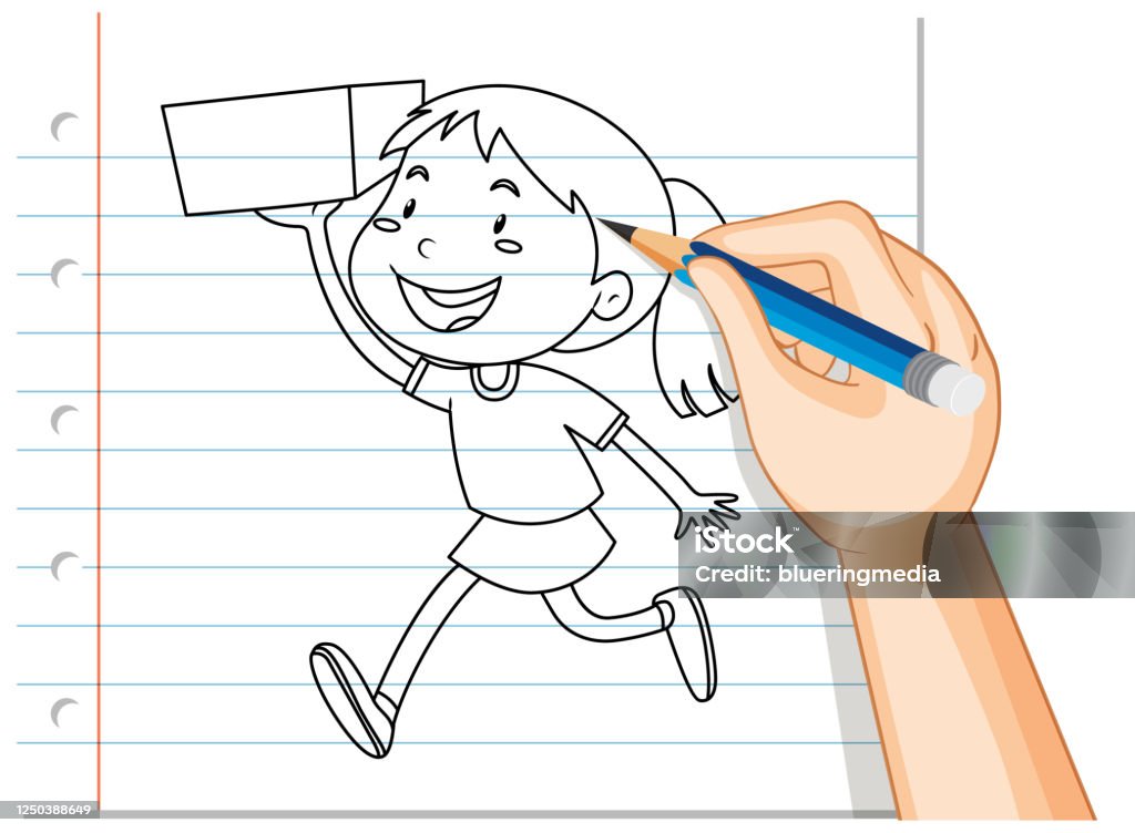Tulisan Tangan Gadis Memegang Garis Besar Kotak Ilustrasi Stok Unduh