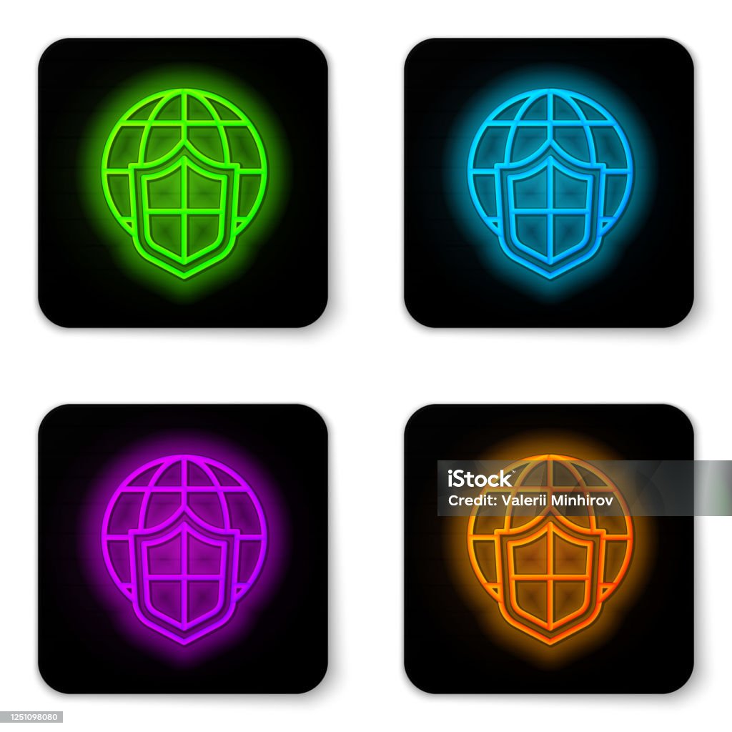 Glowing Neon Line Shield With World Globe Icon Isolated On White