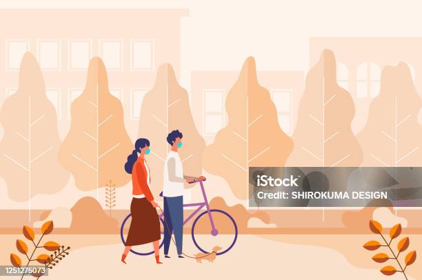 Landscape With Masked Couple Dating Walking At Autumn City Park Men And