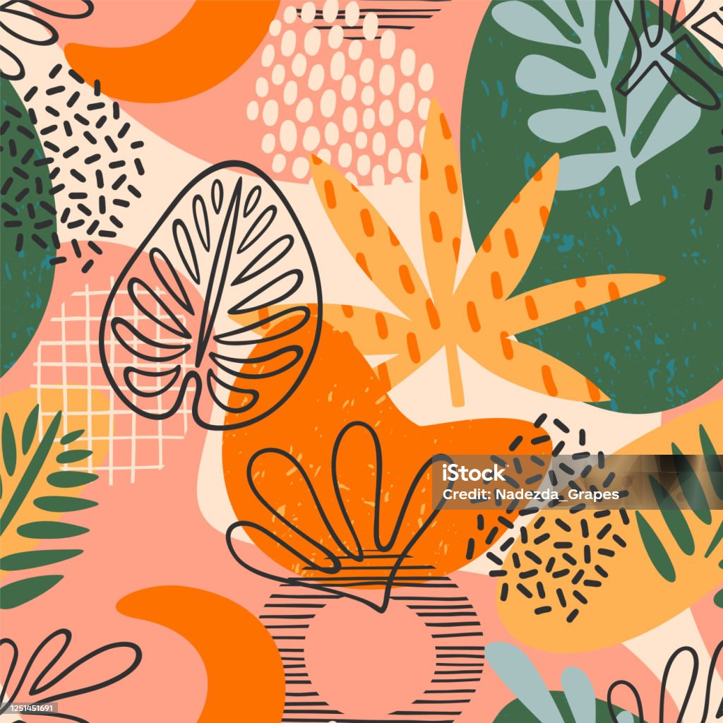 Abstract Seamless Pattern With Tropical Leaves Hand Draw Texture Vector