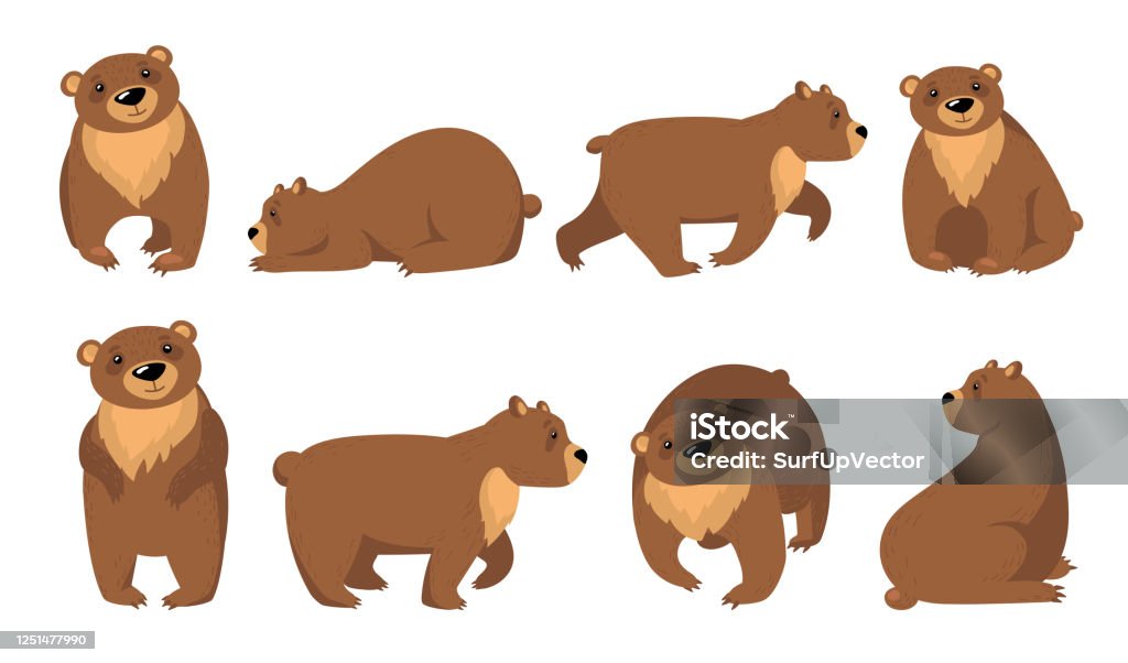 Funny Grizzly Bears Flat Icon Set Stock Illustration Download Image