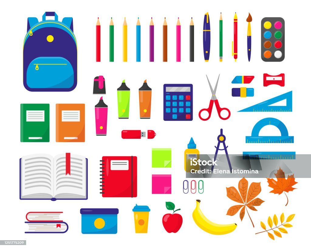 Fournitures Scolaires Et Sac À Dos Ensemble Icônes Vectorielle