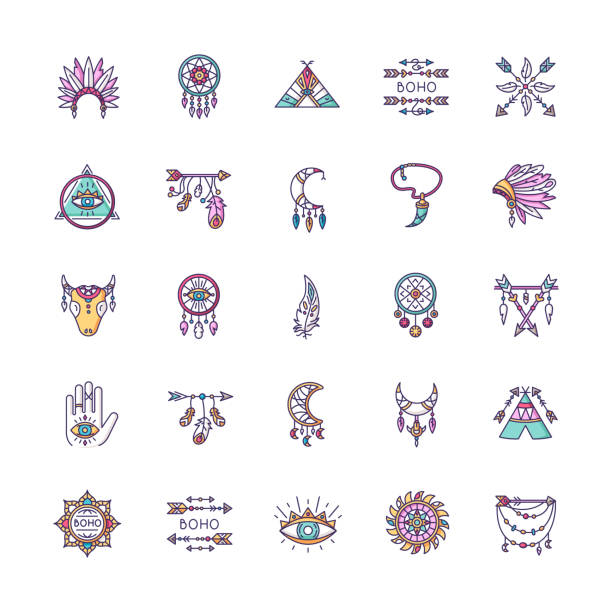 Imagen de Conjunto de iconos de color RGB estilo Boho. Amuletos indios ... Imagen de Conjunto de iconos de color RGB estilo Boho. Amuletos indios ...