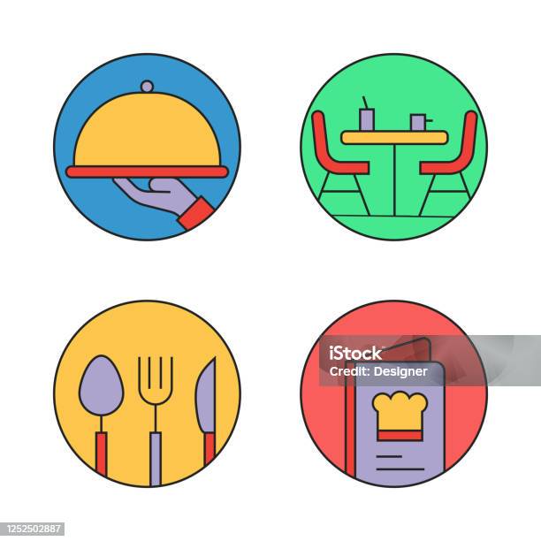 Restoran Makanan Dan Minuman Terkait Vektor Set Ikon Datar Linear Dan