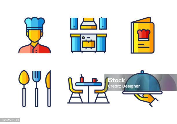 Restoran Makanan Dan Minuman Terkait Vektor Set Ikon Datar Linear Dan