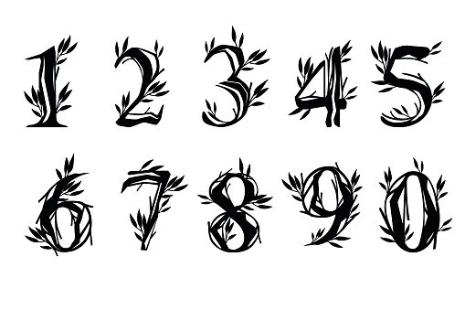 Ensemble Noir De Silhouette Des Nombres 0 À 9 Branches Darbre Avec Des