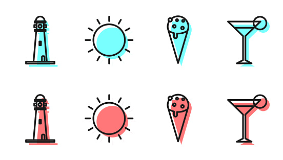 Vetores De Definir A Linha Sorvete Em Cone De Waffle Farol Sol E Ícone