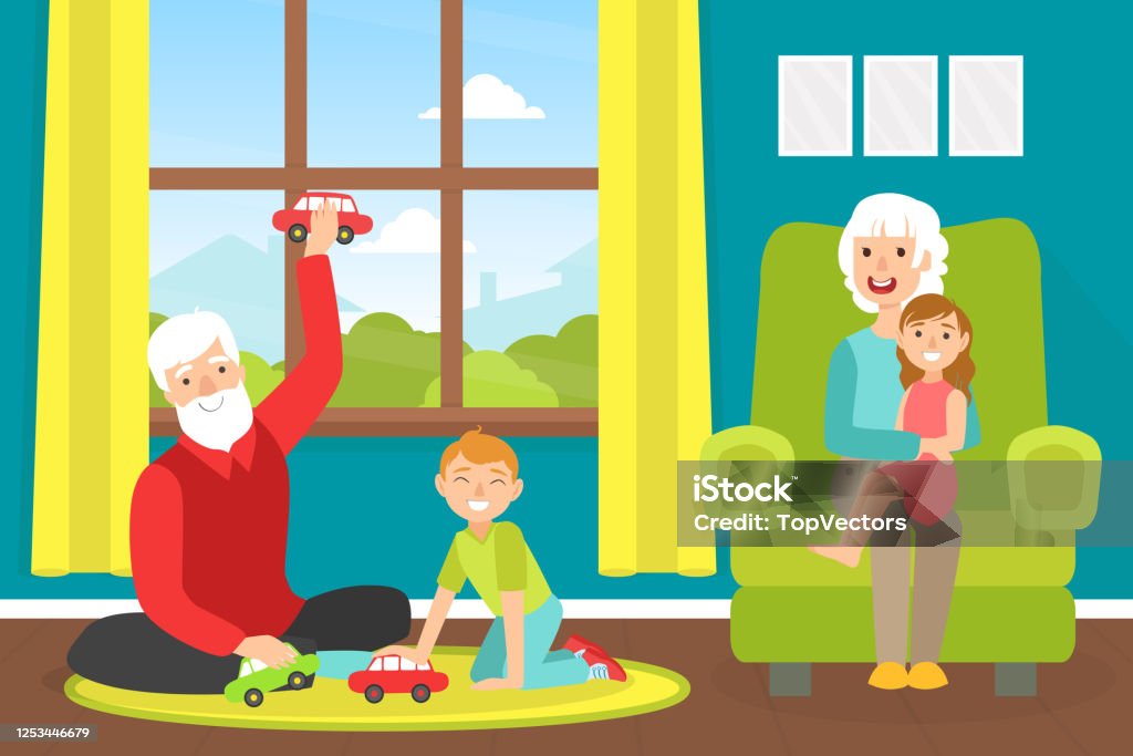 Kakek Dan Nenek Main Dengan Cucu Di Rumah Kakek Dan Cucu Duduk Di ... Kakek Dan Nenek Main Dengan Cucu Di Rumah Kakek Dan Cucu Duduk Di ...