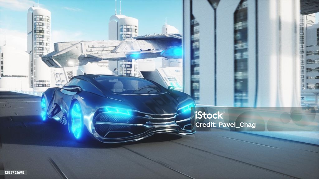 Mobil Listrik Futuristik Hitam Sangat Cepat Mengemudi Dalam Sci Fi Sity