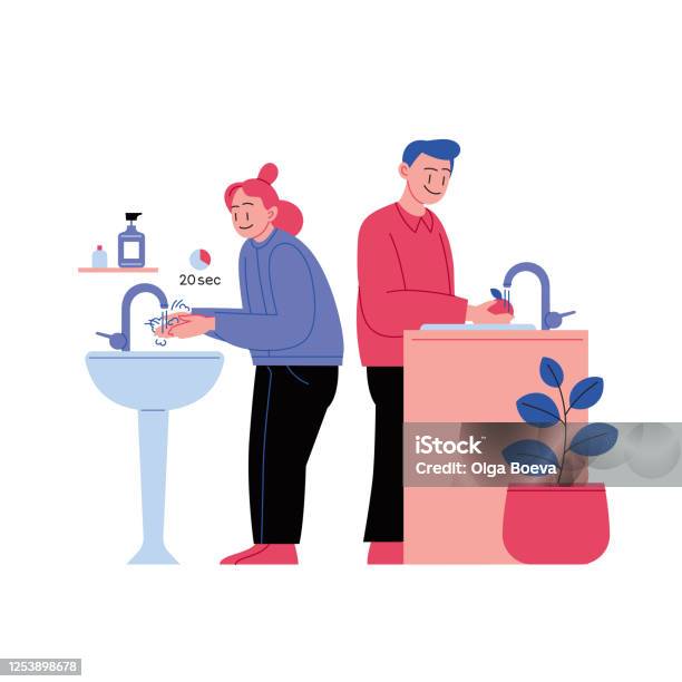 Ilustrasi Datar Seorang Wanita Mencuci Tangan Dan Seorang Pria Mencuci ... Ilustrasi Datar Seorang Wanita Mencuci Tangan Dan Seorang Pria Mencuci ...