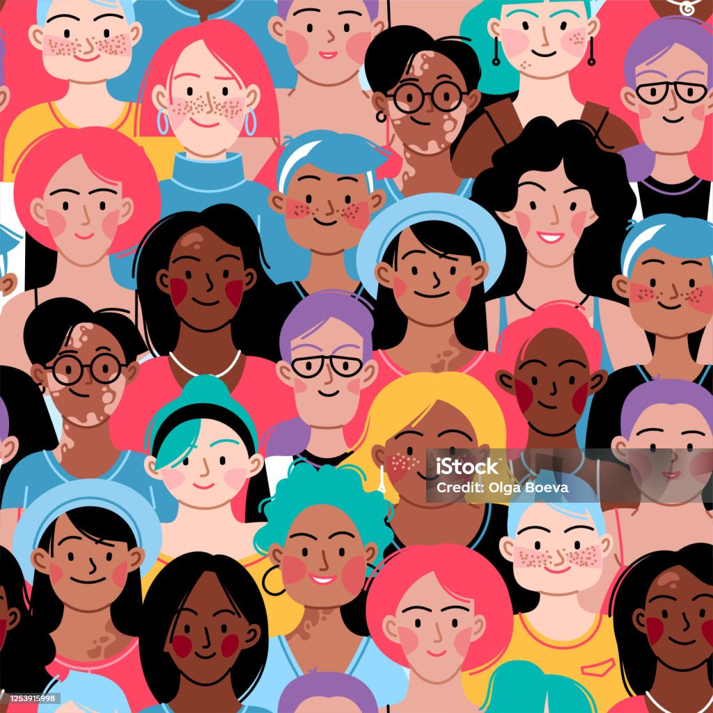 Seamless Pattern Female Diverse Faces Of Different Ethnicity Different