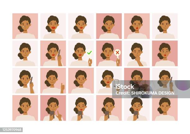 Face Expressions Of Woman Different Female Emotions And Poses Set Stock
