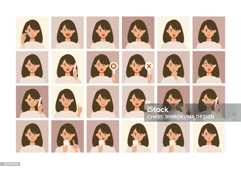 Face Expressions Of Woman Different Female Emotions And Poses Set Stock