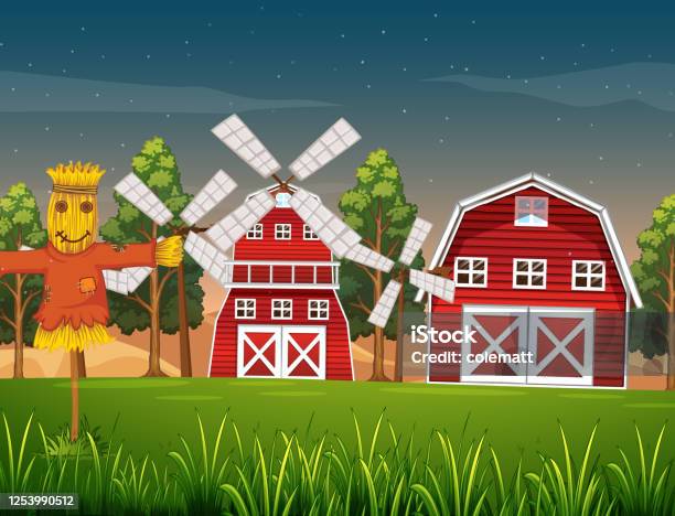 Bertani Di Alam Dengan Gudang Dan Kincir Angin Dan Orangorangan Sawah