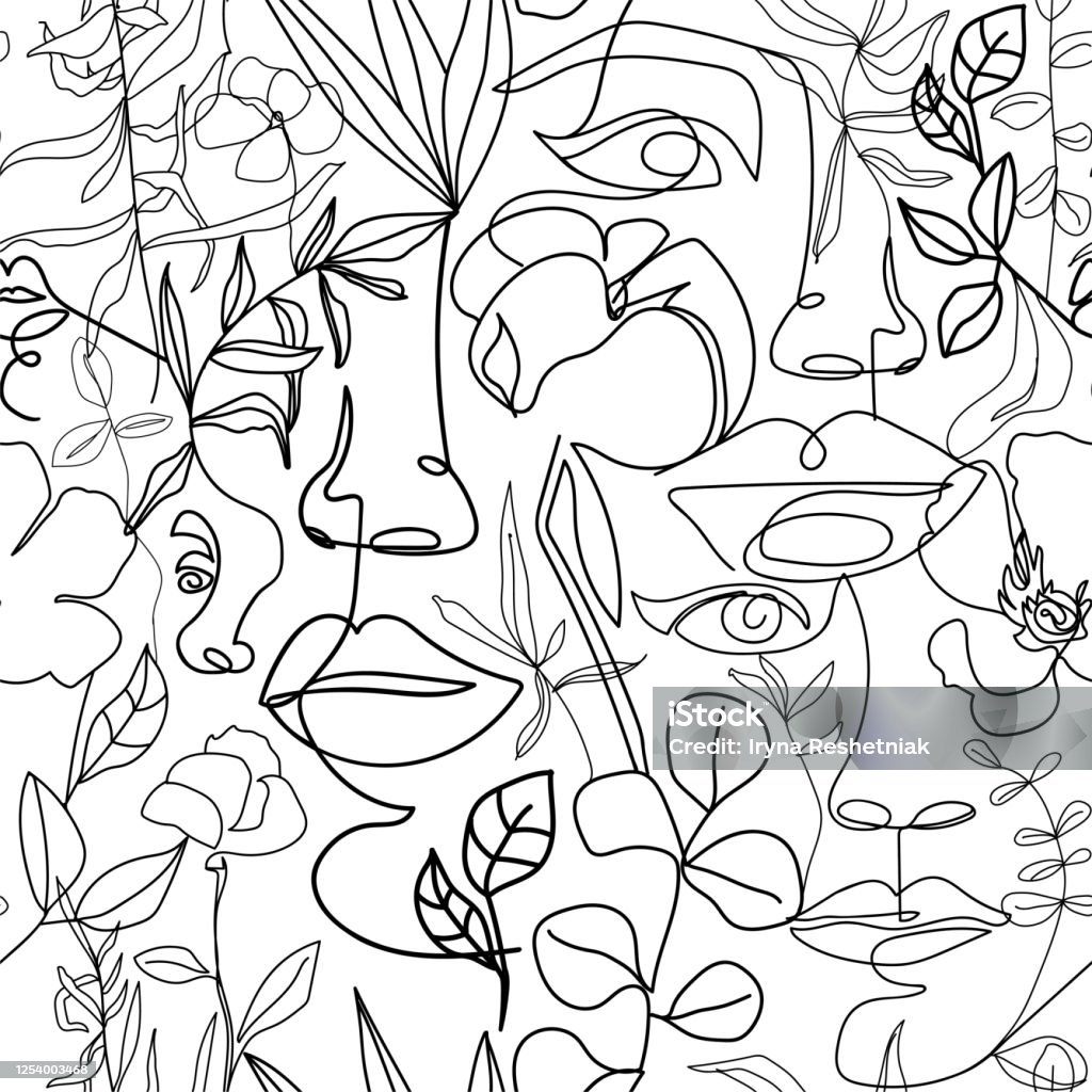 Contemporary Fashion Seamless Pattern One Line Continuous Woman Face