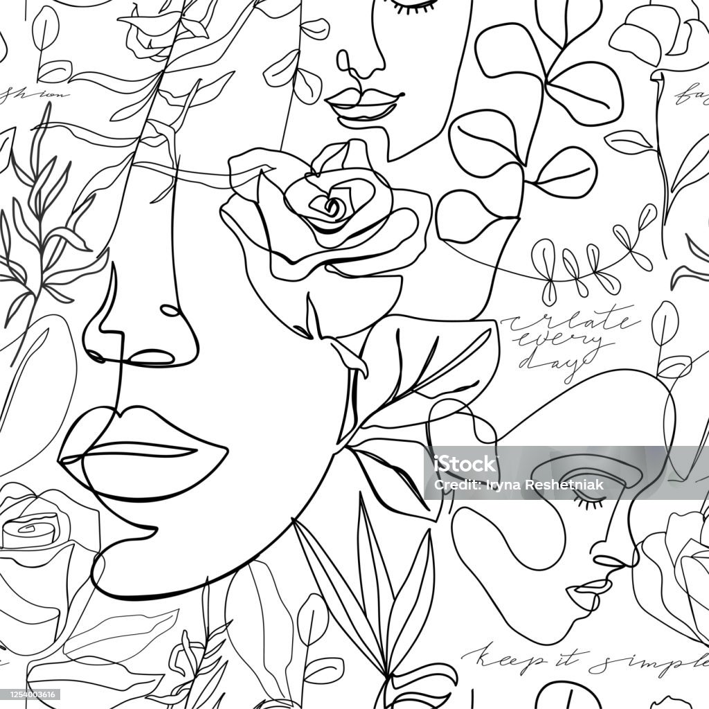Contemporary Fashion Seamless Pattern One Line Continuous Woman Face
