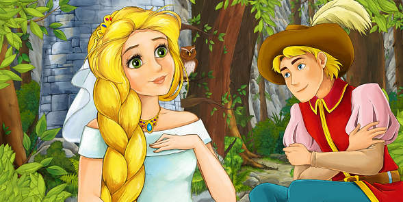 Scène De Dessin Animé Avec Princesse Heureuse Et Prince Dans