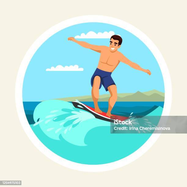 Male Surfer Cartoon Vector Color Illustration Stock Illustration