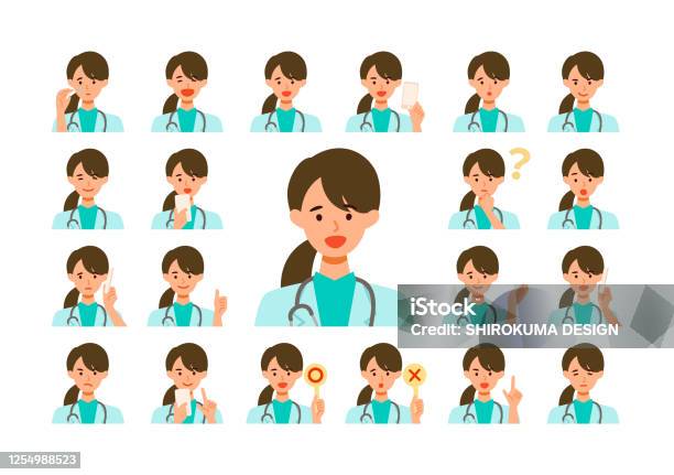 Face Expressions Of A Doctor Woman In Lab Coat Different Female