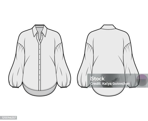 Ilustrasi Mode Teknis Kemeja Dengan Collar Stand Menjatuhkan Lengan