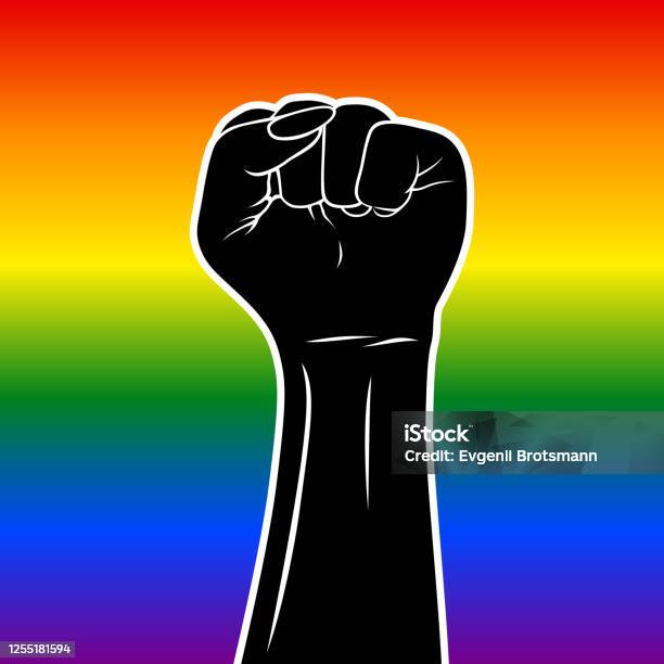 Poing Noir Levé Avec Le Contour Blanc Sur Le Fond De Couleurs Lgbt