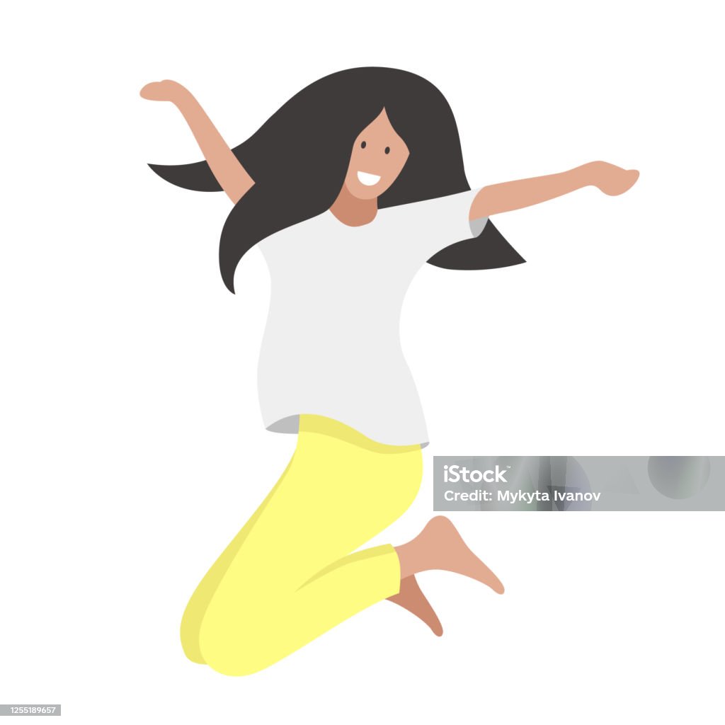 Young Beautiful Girl Jumping With Smile Flat Vector Illustration Girl