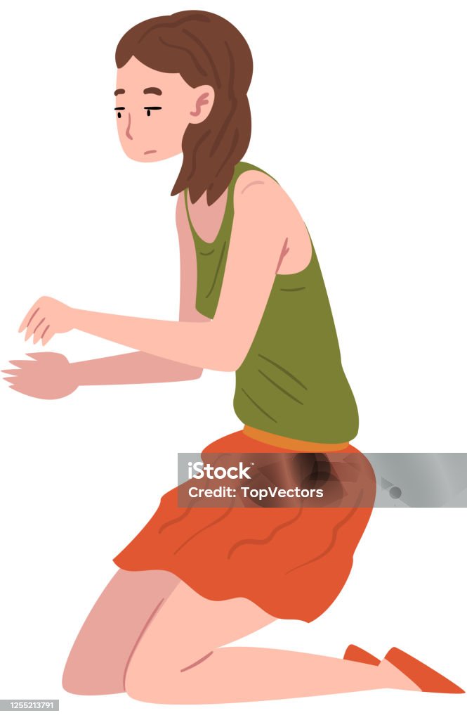 Ilustración De Mujer Joven Sentada En Sus Rodillas Con Las Manos